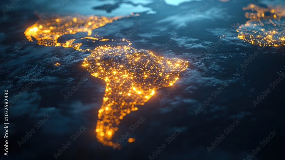 This visual illustrates a world map with illuminated pathways ...