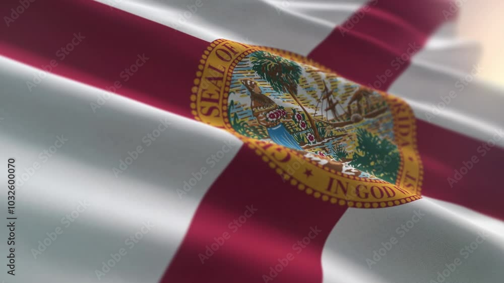 Fluttering the United States state flag of Florida with a region seal ...