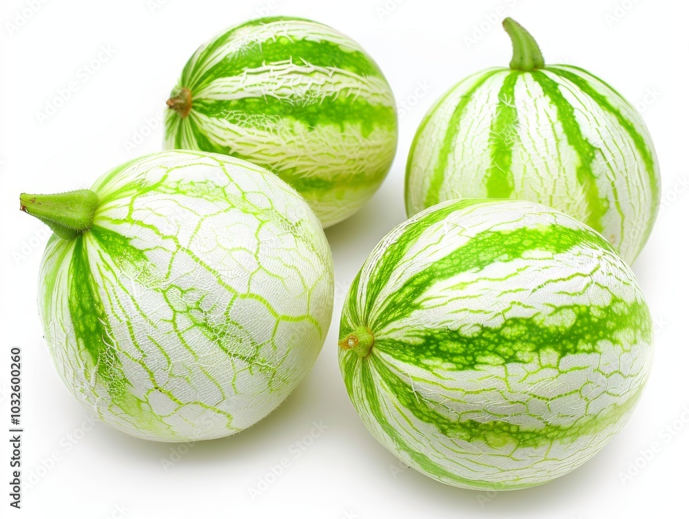 Cuatro melones verdes con un patrón distintivo en la piel, dispuestos ...