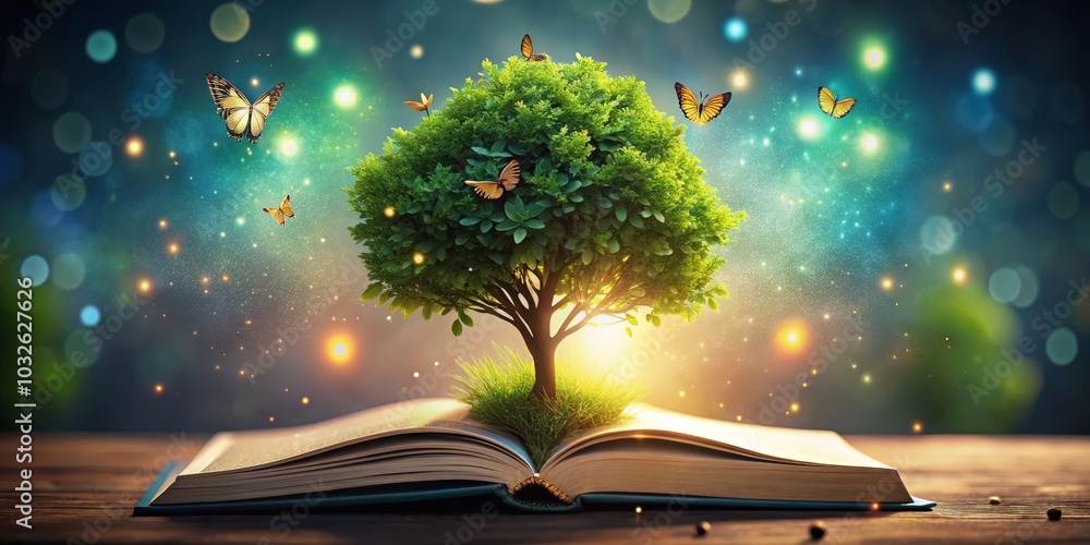 Enchanted Storybook Whimsical Tree Growing from Open Book with ...