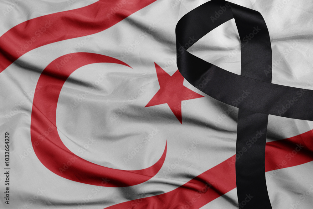 waving national flag of northern cyprus with black mourning ribbon ...