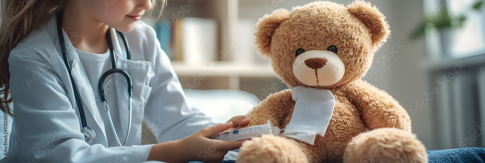 Pediatrician administers vaccine to teddy bear, demonstrating child ...