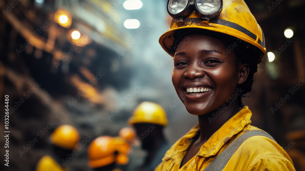 Smiling miner in yellow helmet working in a vibrant underground mine ...