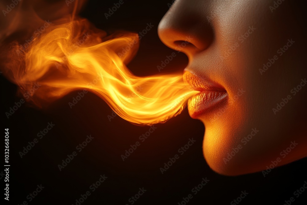 Woman exhaling a stream of fire from her mouth symbolizing power energy ...