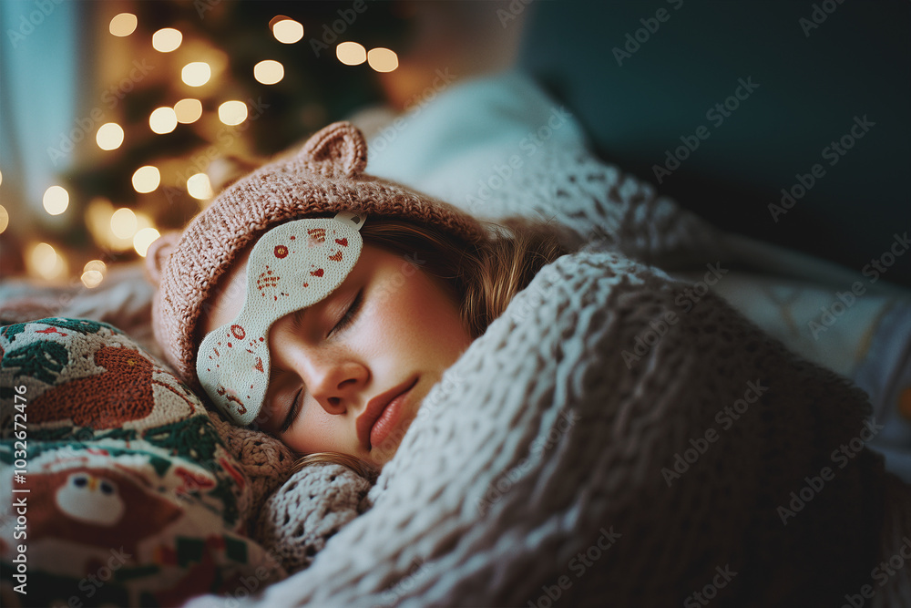young woman peacefully asleep in her cozy bedroom, wearing an owl sleep ...