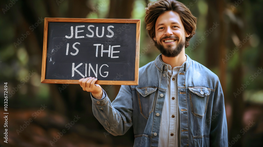 Happy smiling Christian man is holding a blackboard sign that says ...