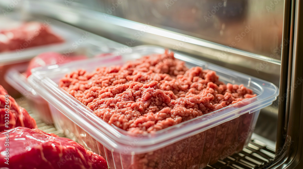 Ground beef minced in a raw and fresh container, uncooked red meat in a ...