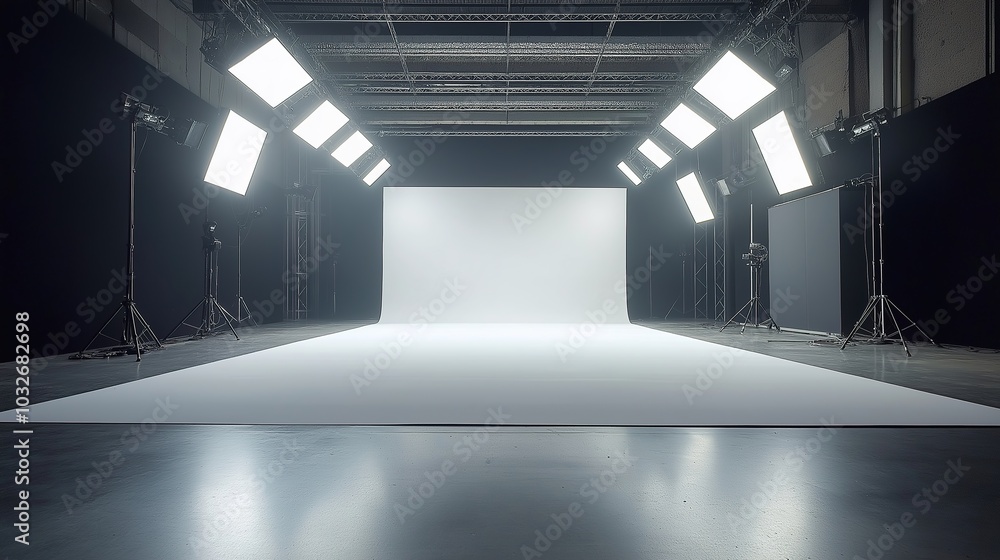 Minimalist studio with smooth grey floor and white cyc wall ...