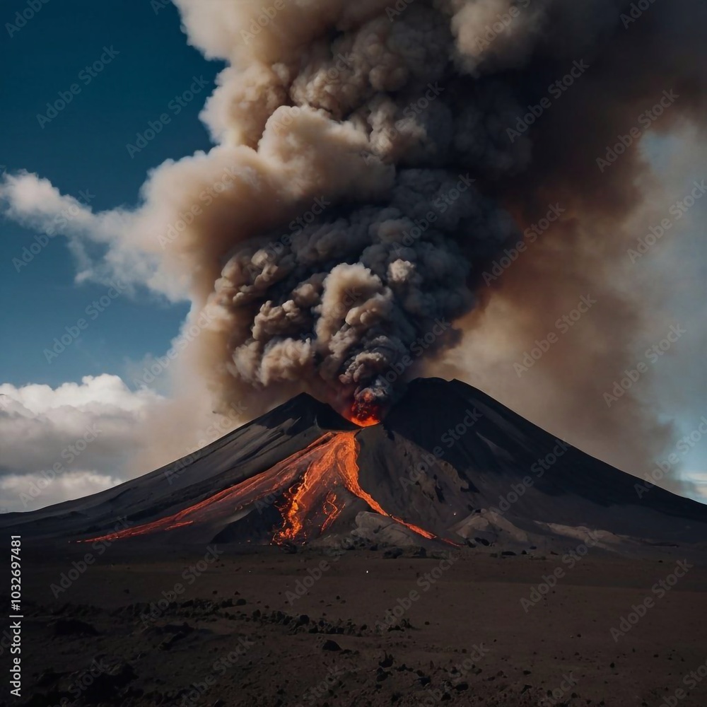A volcanic eruption with red lava and thick gray smoke. The volcano is ...
