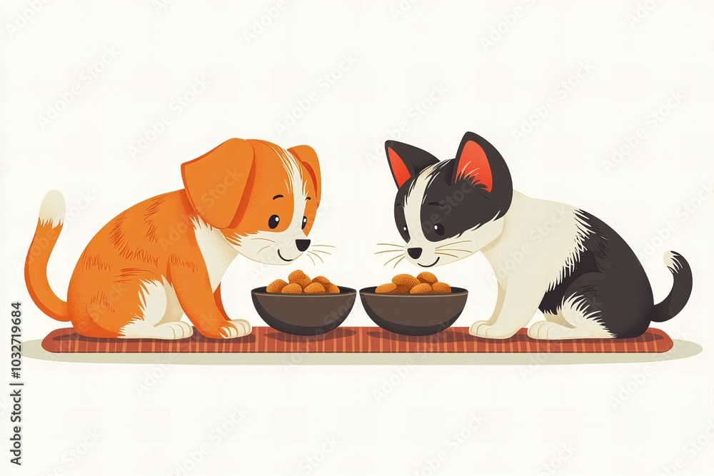 Cat and dog eating together cartoon isolated on white background with ...