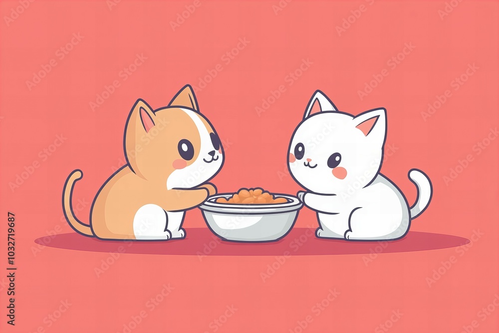 Cat and dog eating together cartoon isolated on white background with ...
