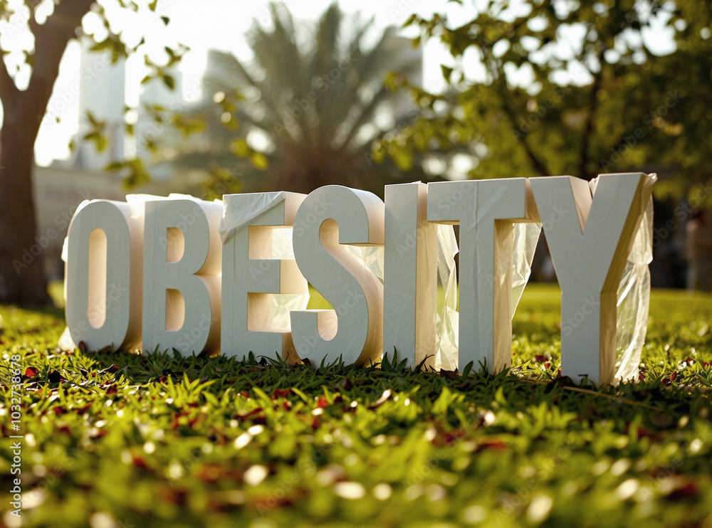 Obesity wrapped in plastic concept, white text as large 3D letters in ...