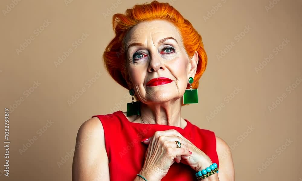A stylish older woman poses confidently wearing vibrant red attire and ...