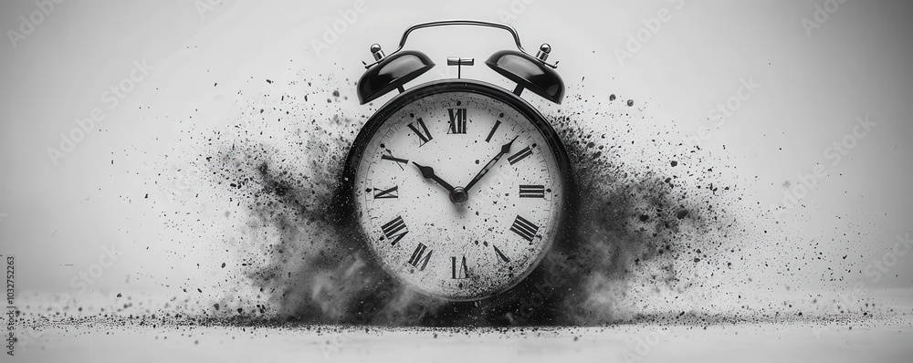 Vintage clock with spinning hands surrounded by exploding particles in ...