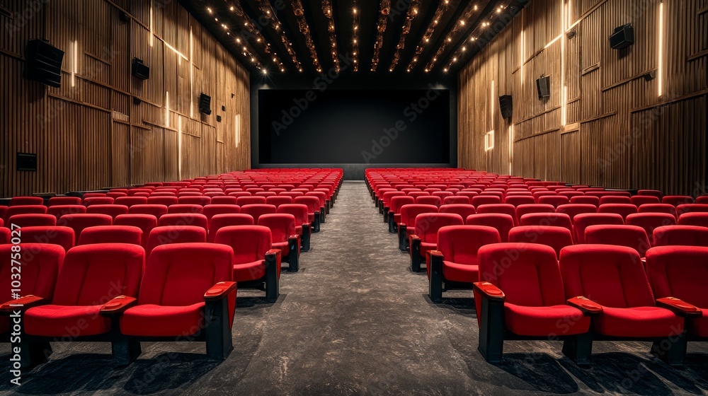 Wide angle view of a contemporary auditorium interior, featuring rows ...