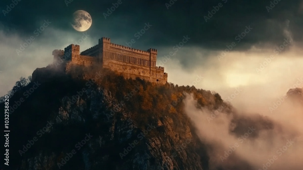 Spooky old medieval castle: Ancient eerie castle on mountain, low ...