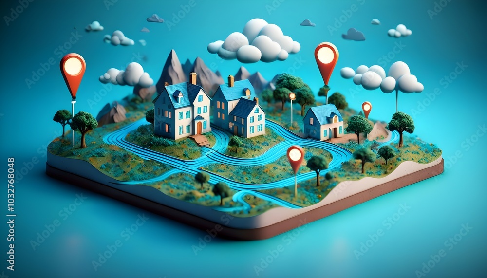 ภาพประกอบสต็อก Simplified GPS map featuring blue route and pins ...