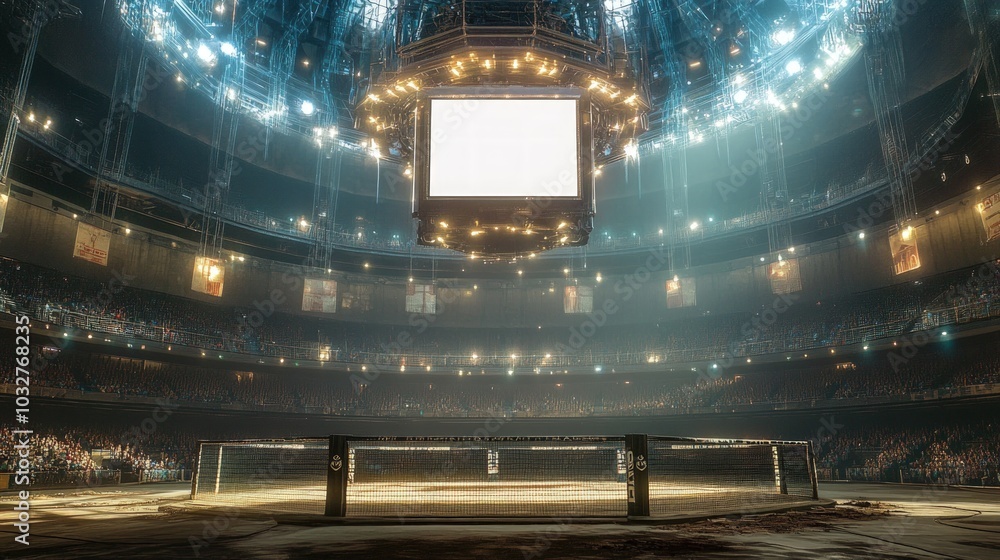 An empty arena with a large blank screen hanging from the ceiling ...