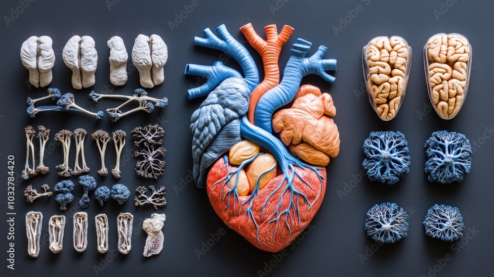 Anatomical models of human heart, brain, and bones on a black ...