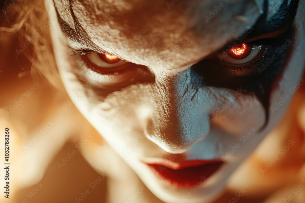 A powerful depiction of a face cloaked in shadowy black face paint ...