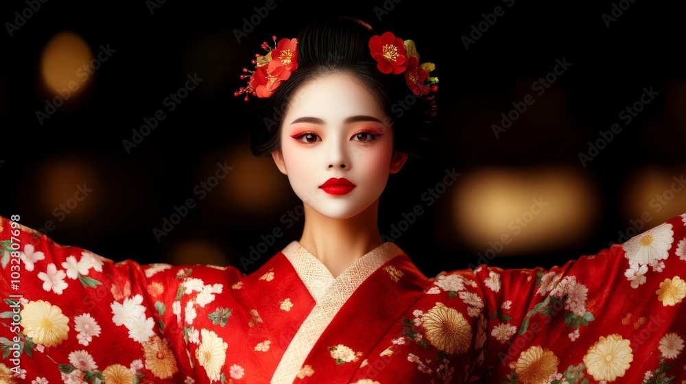 Geisha performing a graceful dance, wearing a vibrant red and gold ...