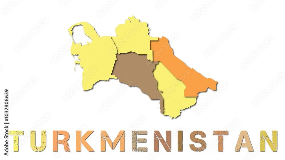 Turkmenistan map with paper regions. Animated country map growing from ...