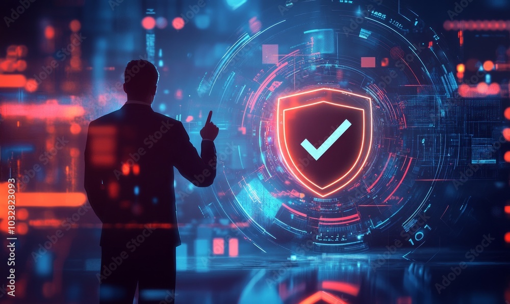 Work safety concept. Businessman touching check mark in shield icon ...