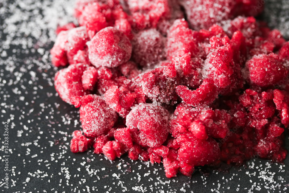 Frozen raspberries in a circular shape on a black plate. Fine dining ...