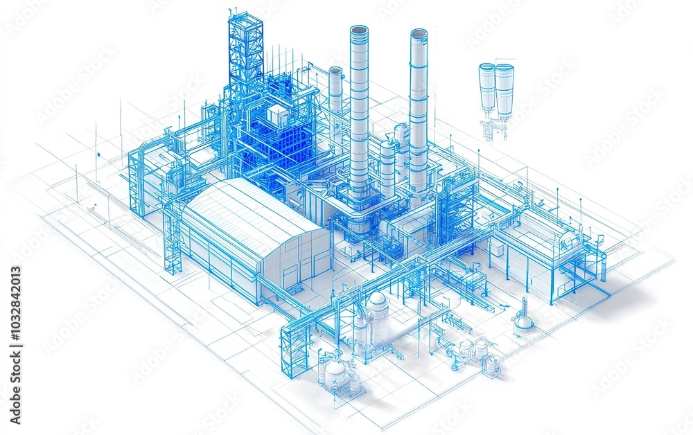 Detailed blue blueprint of an industrial power plant layout with ...