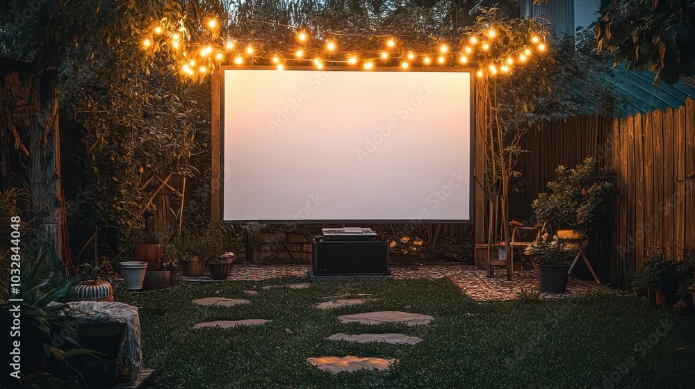 Outdoor movie setup with screen and lights in a cozy garden. ภาพถ่าย ...