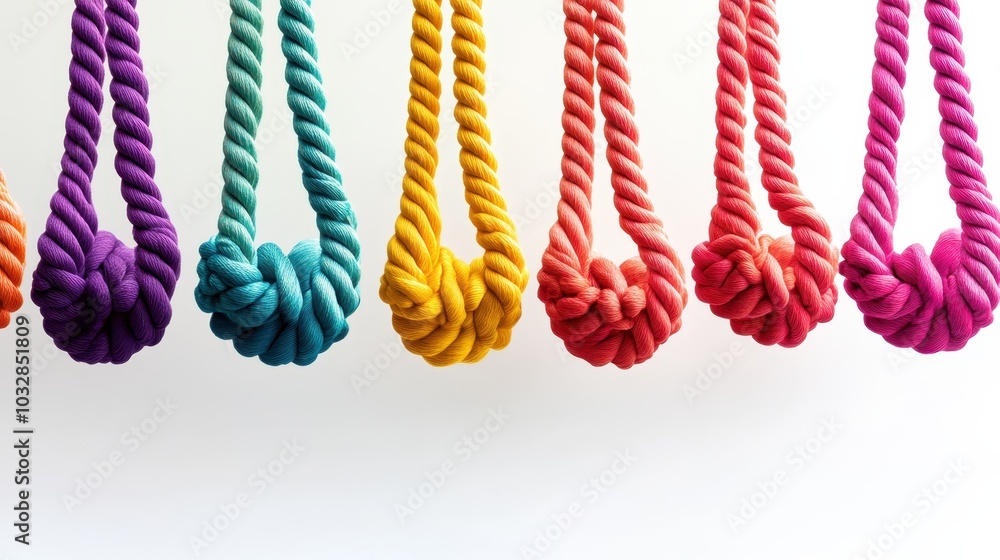 Colorful rope knots hanging in a row, showcasing vibrant colors and ...