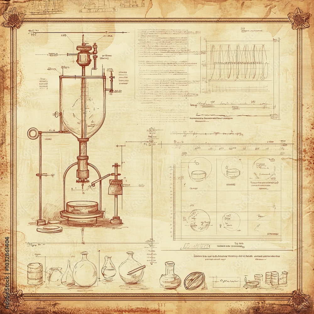 Blueprint of a laboratory distillation apparatus from the 19th century ...