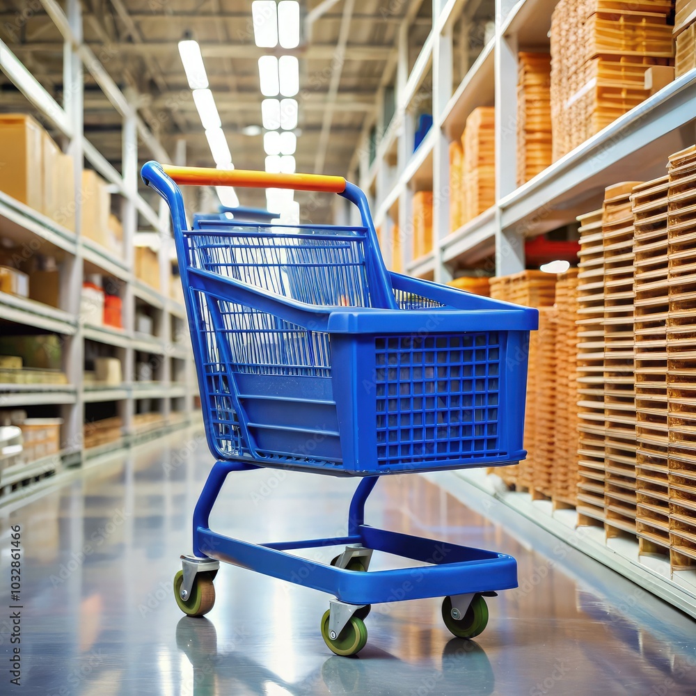 Plastic supermarket trolley in a building materials aisle during ...