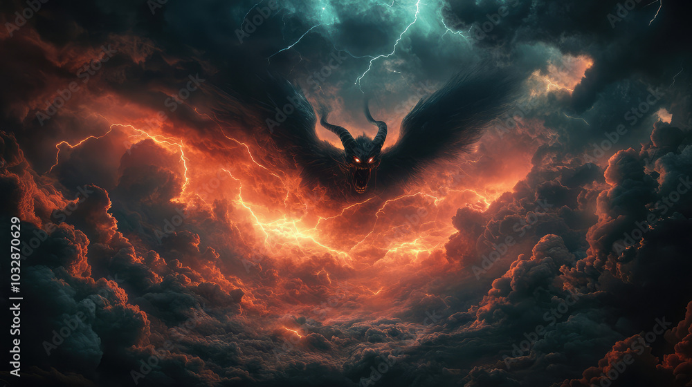 With dark wings outstretched and a wicked smile, the devilish figure ...