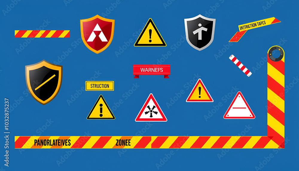 Various barricade construction tapes and warning shields. Red police ...