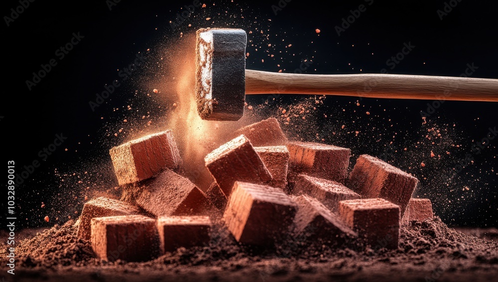 Hammer hitting bricks causing dust burst, dynamic construction site ...