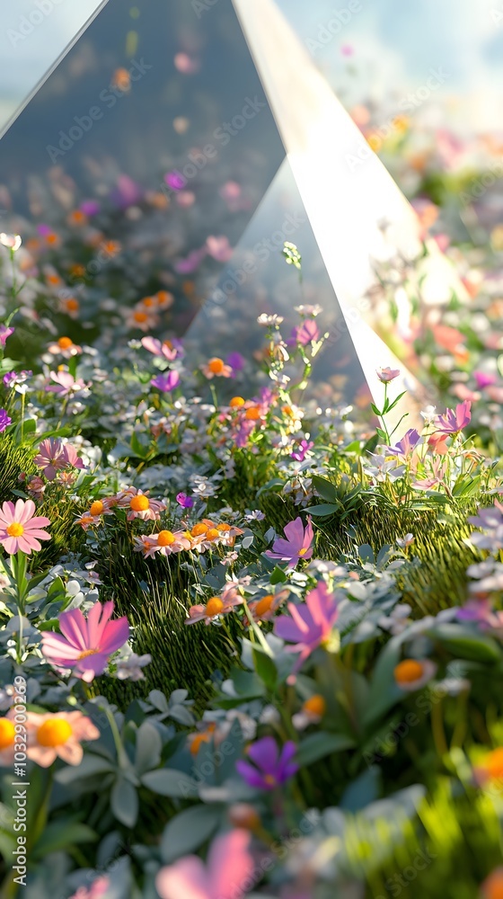 13. A vibrant 3D triangle field filled with flowers and greenery ...