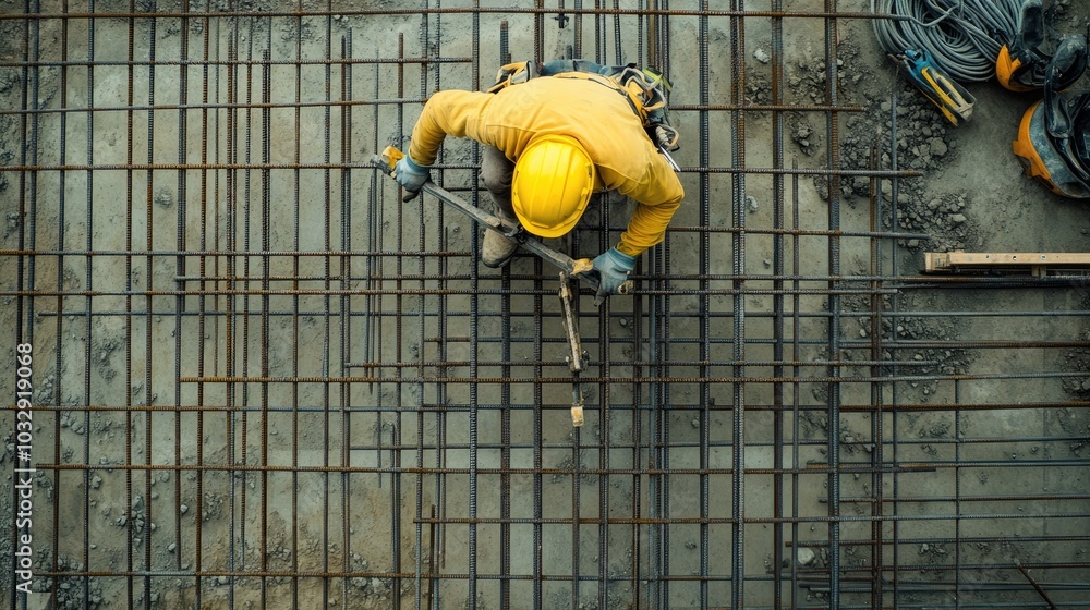 Construction worker bending rebar. This photo shows a construction ...