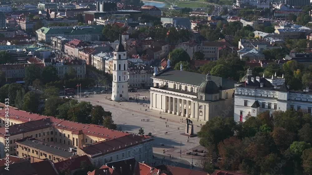 Aerial view of Vilnius, Lithuania, highlighting Gediminas' Tower, the ...