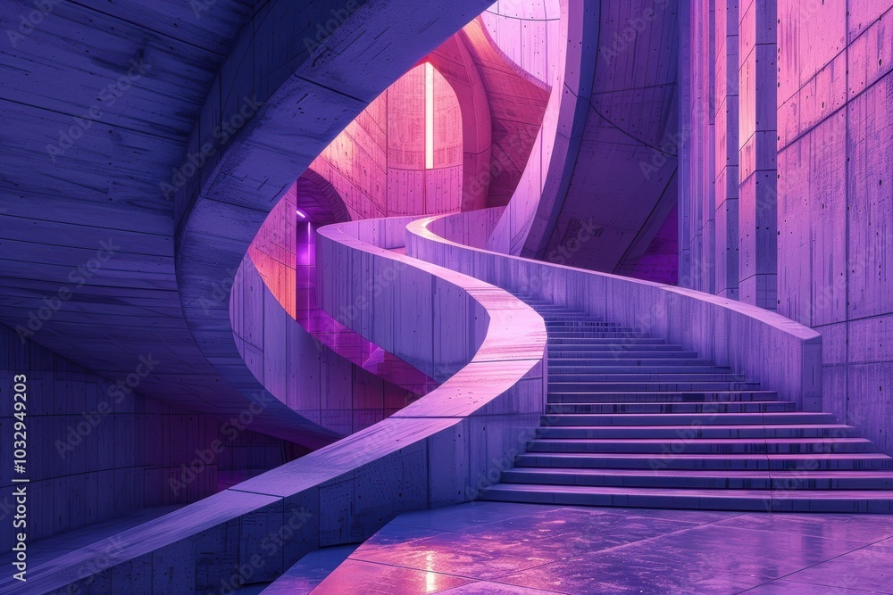 Abstract design featuring glowing purple lights and a concrete spiral ...