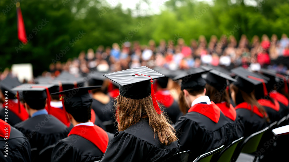 A crowd of graduates wearing black caps and gowns, attending a ...