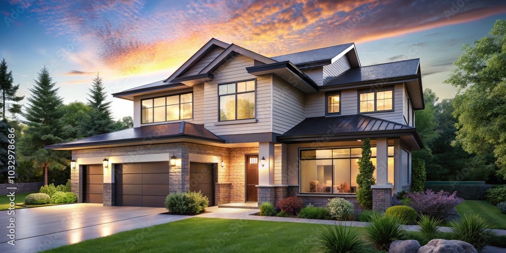 Modern Two-Story Suburban House with Garage in Light Colors and Dark ...