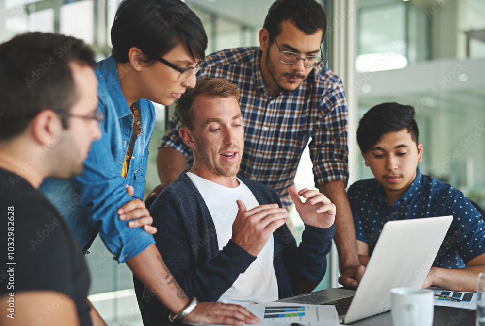 Meeting, laptop and brainstorming in office, people and collaboration ...