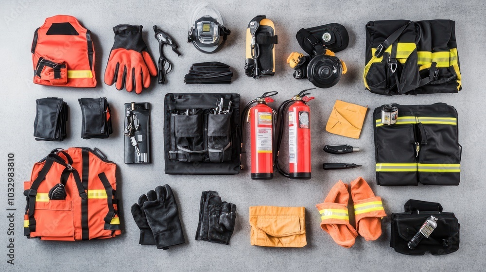 A flat lay of firefighter safety gear, including a helmet, gloves, a ...