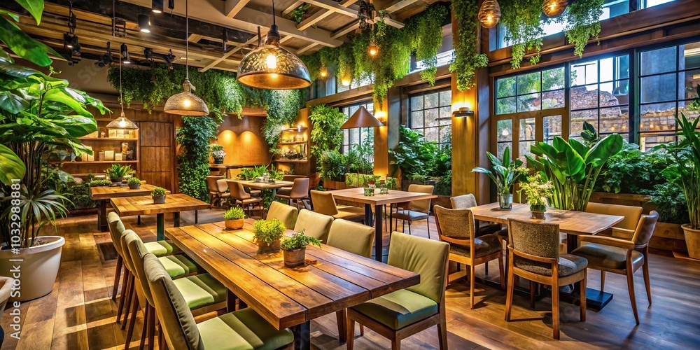 Cozy Natural Interior of a Restaurant with Wooden Elements, Green ...
