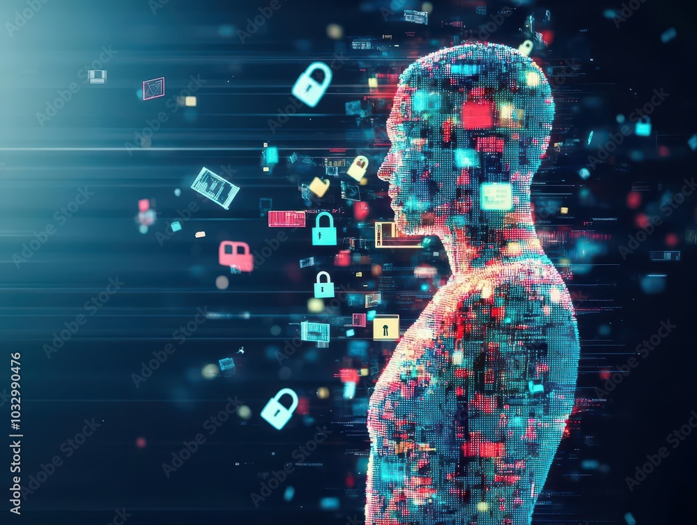 A futuristic human figure made of pixels with pieces of personal data ...