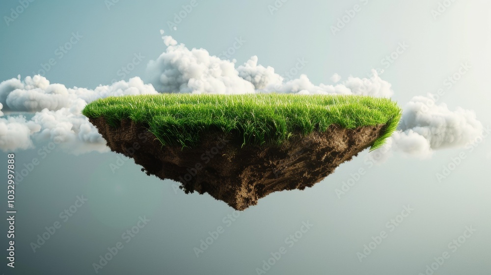 Floating slice of land with green grass surface and soil section ...