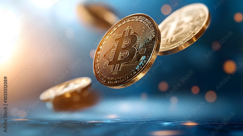 Floating Digital Coins Above Blockchain Technology Background with 3D ...