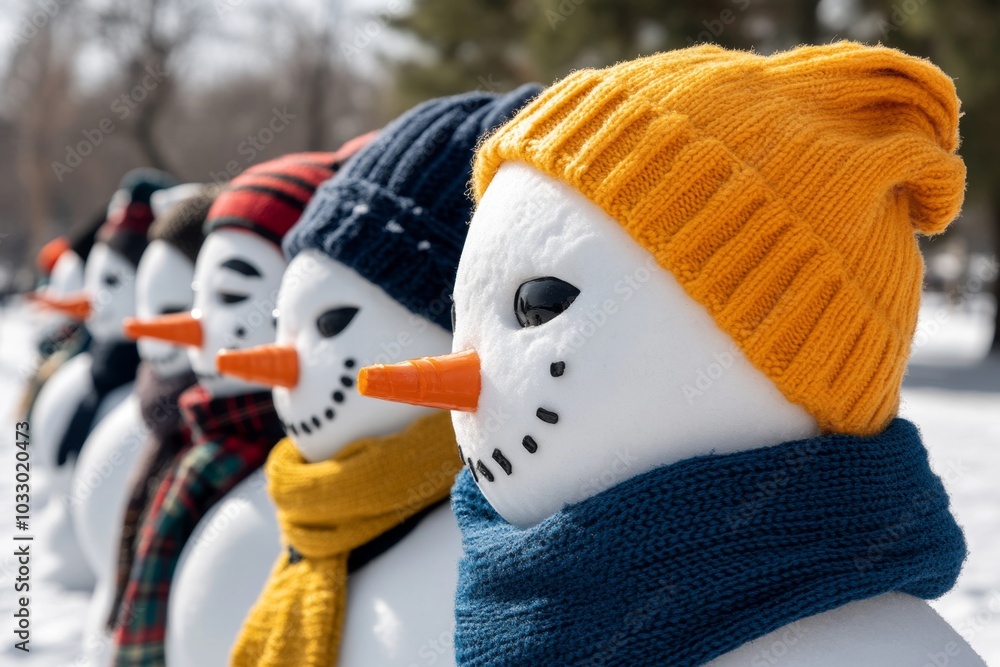 Snowman army lined up in a snowy park, all wearing different hats and ...
