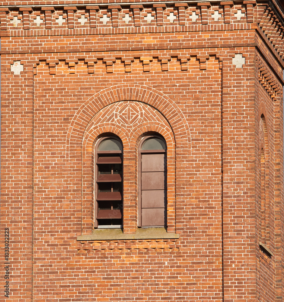 Vintage church, building and window with brick wall in city for ...